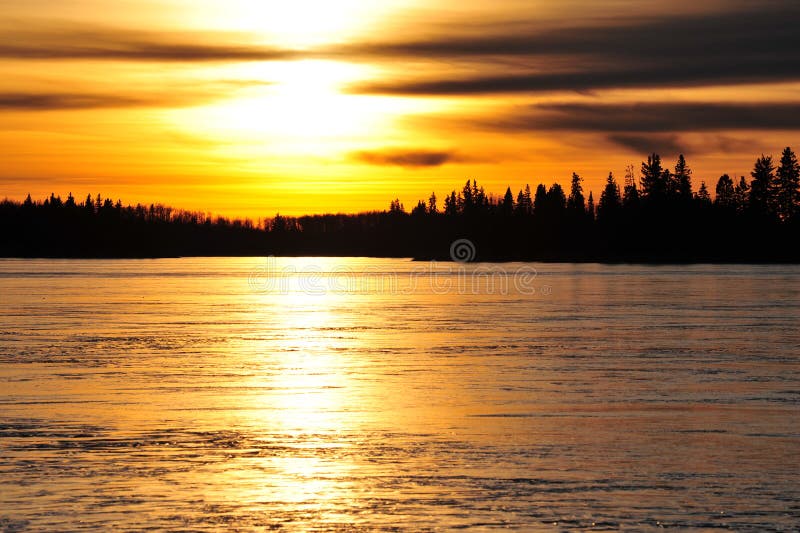 Sunset on ice lake stock image. Image of forest, shore - 7341923