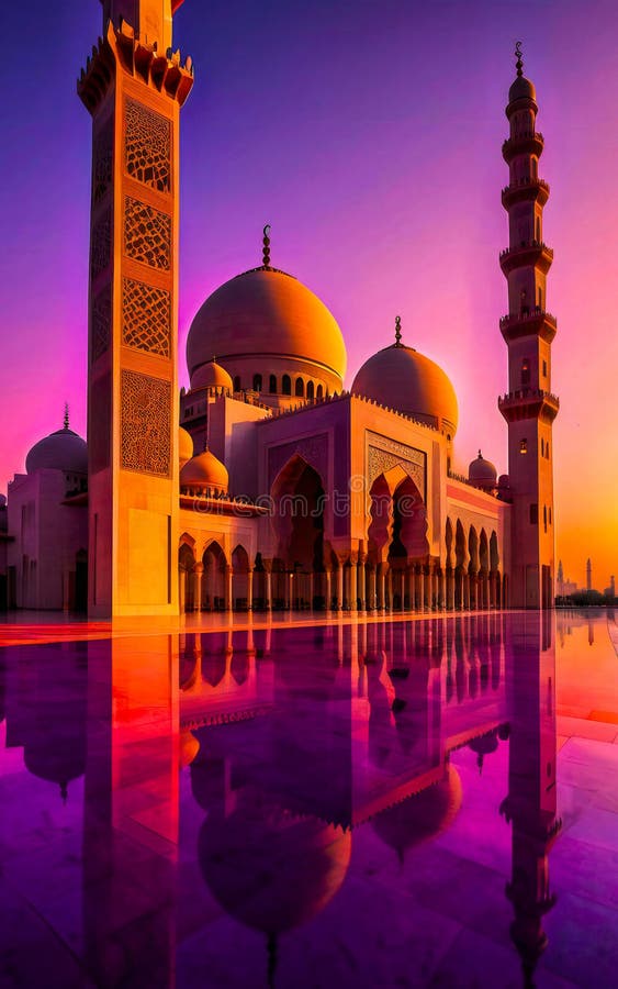 Sunset Illuminated Grand Mosque Silhouette Towering Minarets Casting ...