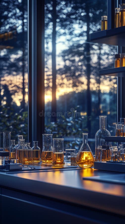 Sunset Illuminated Laboratory with Glassware and Forest View Stock ...