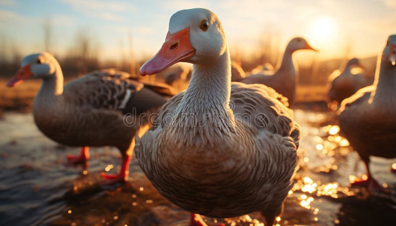Sunset Illuminates Cute Duckling Waddling in Meadow Generated by AI ...