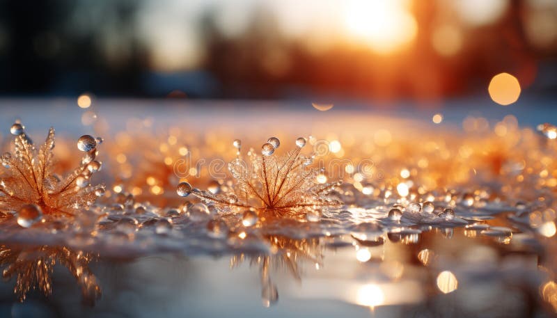 Sunset Illuminates Dew Drops on Autumn Leaves, Reflecting Vibrant ...