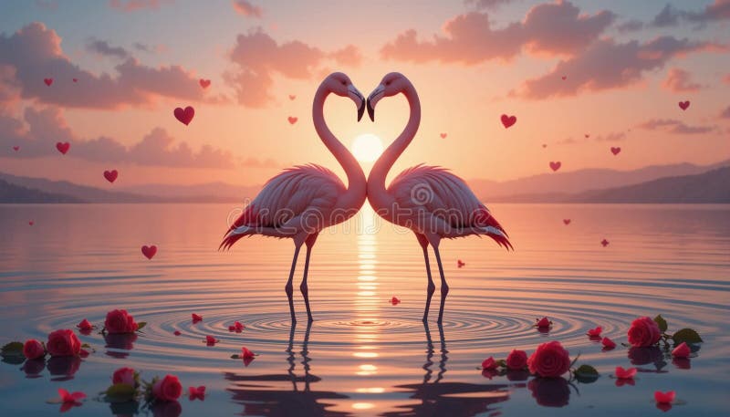 Sunset Illuminates a Flamingo Love Ritual Stock Illustration ...