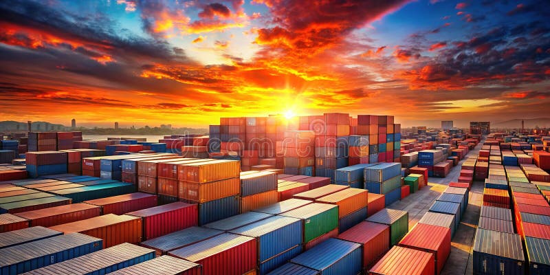 Sunset Illuminates a Massive Shipping Container Stack at a Global Trade ...