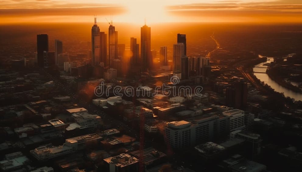 Sunset Illuminates Modern City Skyline, a Panoramic View from High Up ...