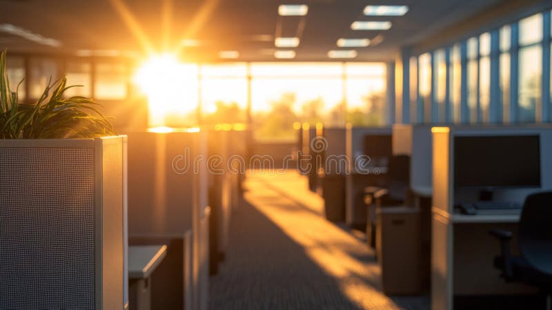 Sunset Illuminates Modern Office Workspace Stock Illustration ...