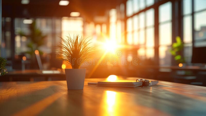 Sunset Illuminates Modern Office Workspace with Plant and Documents ...
