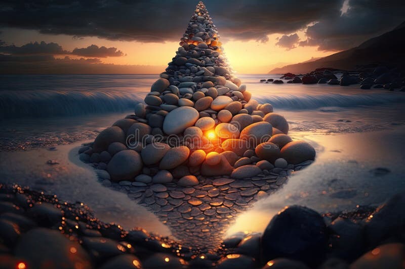 Sunset Illuminates a Pyramid of Pebble Stones Against a Water Backdrop ...