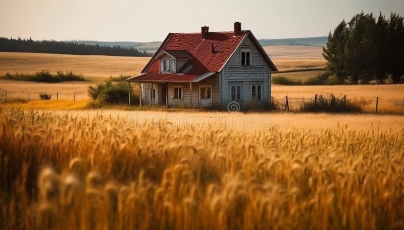 Sunset Illuminates Rustic Farmhouse, Wheat Fields, and Tranquil Meadow ...