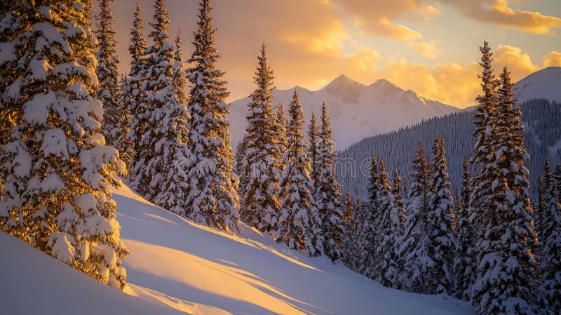 Sunset Illuminates Snow-covered Pine Trees on a Mountainside Stock ...