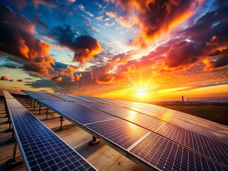 Sunset Illuminates a Solar Panel Array a Powerful Symbol of Renewable ...