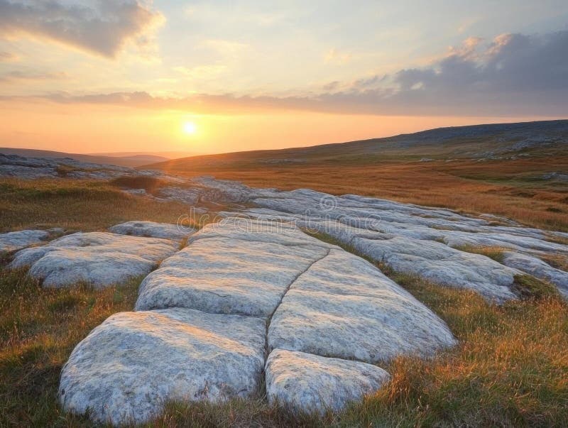 Sunset Illuminates Sprawling Landscape of Cracked Stones and Golden ...