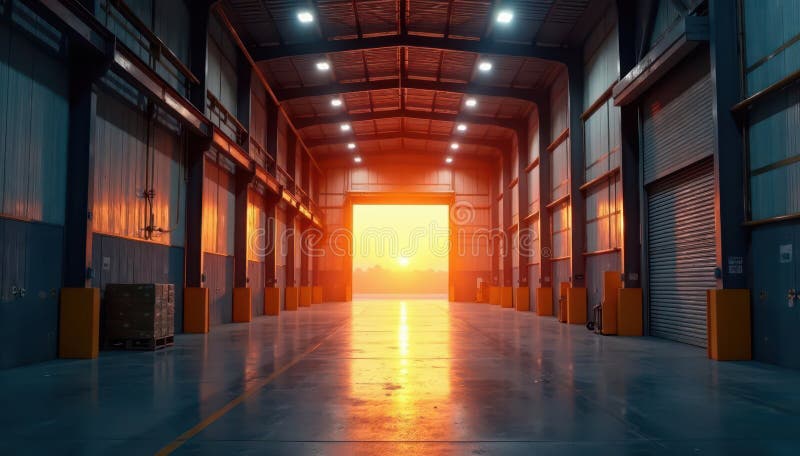 Sunset Illuminates Vast Warehouse, Rolling Doors Open , Sun, Roll Up ...