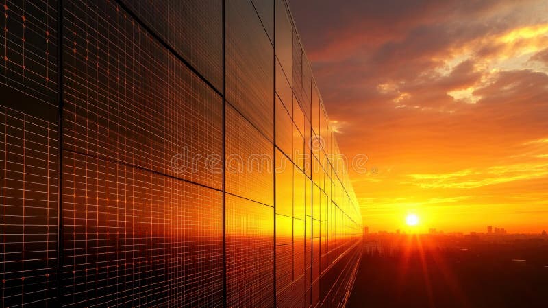 Sunset Illuminates Vertical Solar Panel Faade Architectural Panorama ...