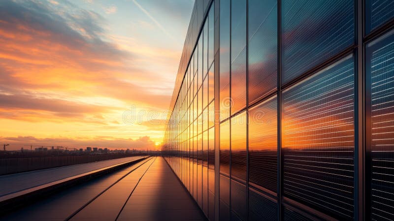 Sunset Illuminates Vertical Solar Panel Faade Architectural Panorama ...