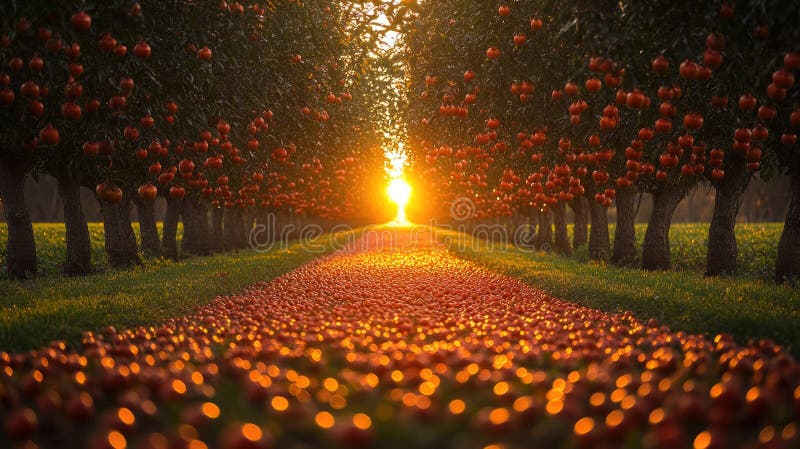 Sunset Illuminates Vibrant Apple Orchard in Full Bloom Stock Photo ...