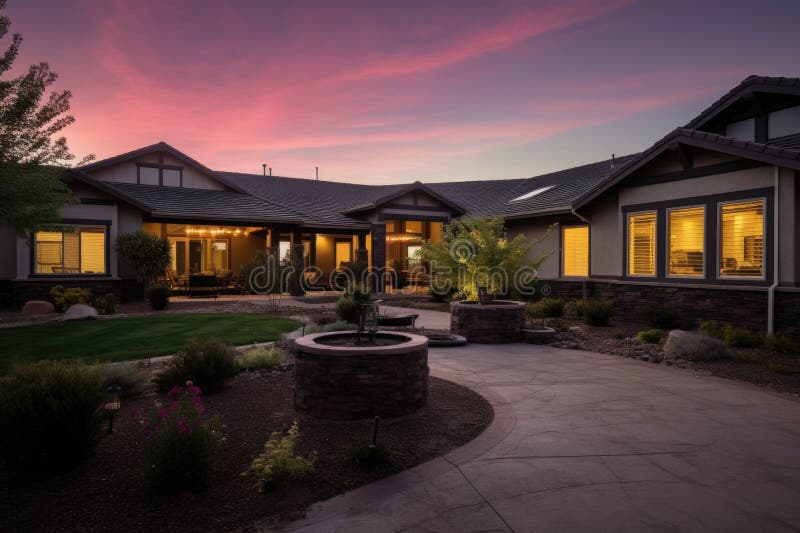 Sunset Illuminating the Facade of a Courtyard Ranch Stock Image - Image ...