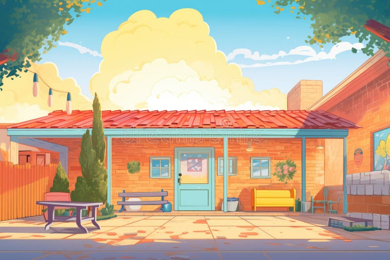 Sunset Illuminating the Facade of a Courtyard Ranch, Magazine Style ...