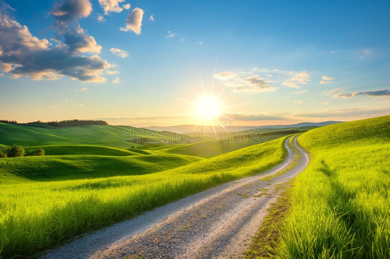 Sunset Illuminating Green Fields with a Winding Path Stock Photo ...