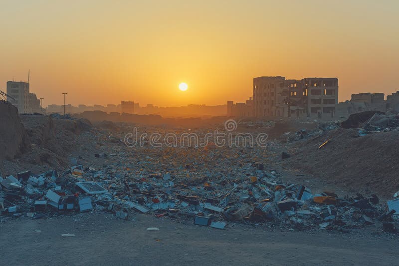 Sunset Illuminating a Landscape of Urban Decay and Pollution Stock ...