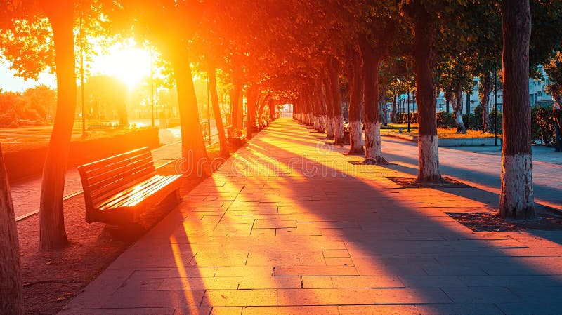Sunset Illuminating a Park Path with Trees and a Bench Stock Photo ...