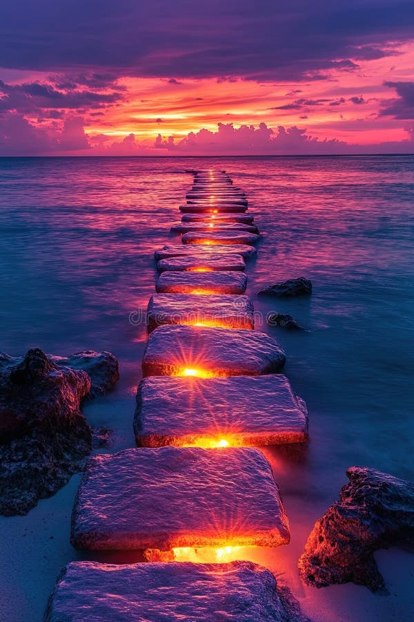 Sunset Illuminating a Stone Pathway Over Calm Waters with Vibrant ...