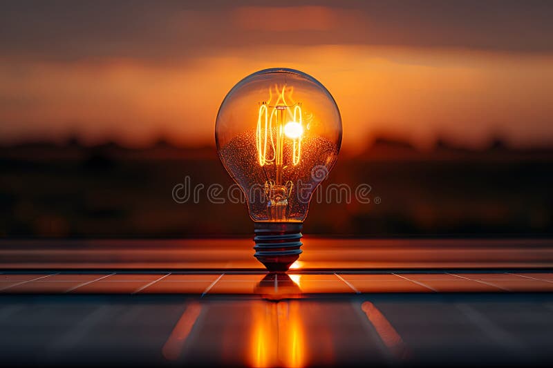 Sunset Innovation: Lightbulb on Solar Panel, Renewable Energy Concept ...