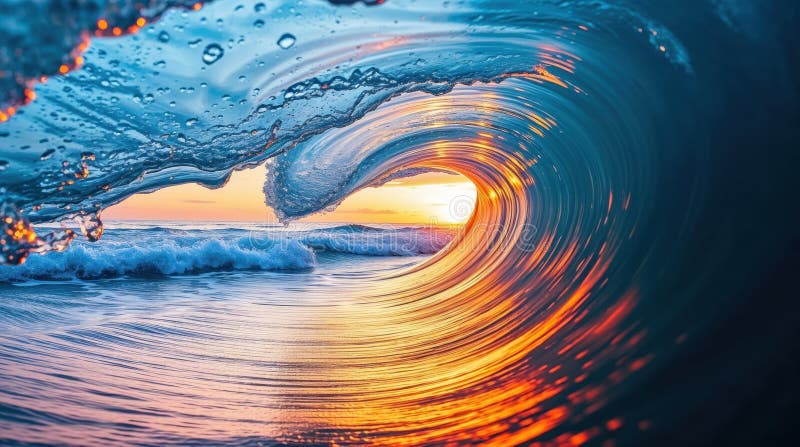 Sunset Inside a Curling Ocean Wave Stock Photo - Image of blue, tide ...