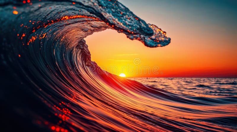Sunset Inside a Curling Ocean Wave Stock Photo - Image of climate, side ...