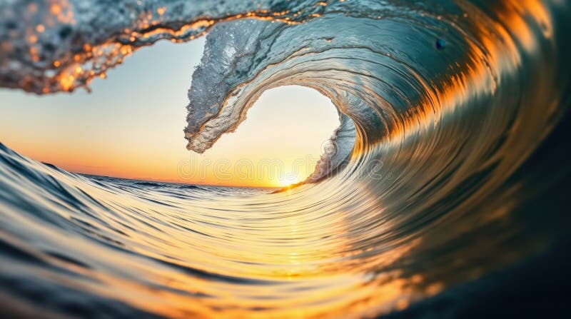 Sunset Inside a Curling Ocean Wave Stock Photo - Image of beauty ...