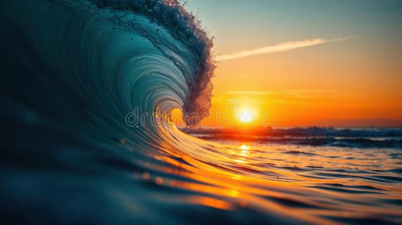 Sunset Inside a Curling Ocean Wave Stock Photo - Image of large, high ...