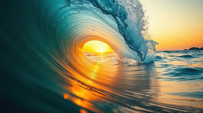 Sunset Inside a Curling Ocean Wave Stock Photo - Image of rough, side ...