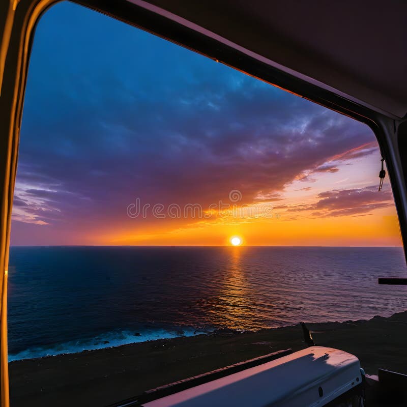 Sunset from Inside a Van Facing the Sea Stock Illustration ...