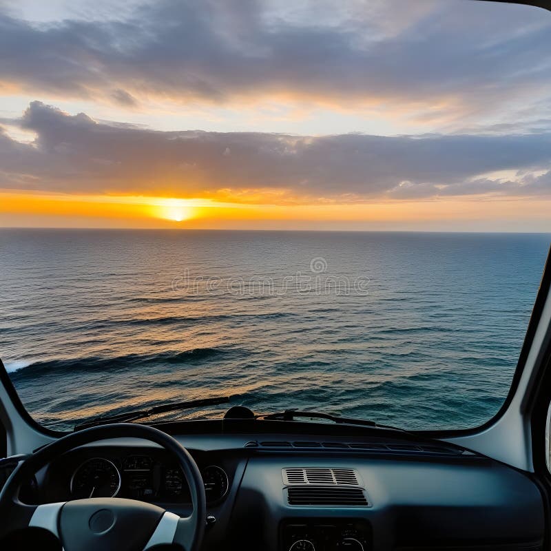 Sunset from Inside a Van Facing the Sea Stock Illustration ...