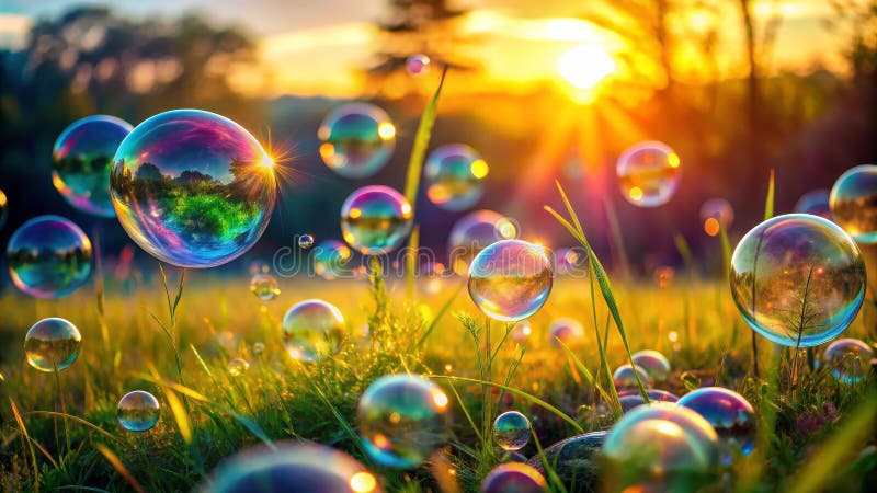 Sunset Iridescence Many Soap Bubbles Float in a Field of Grass ...