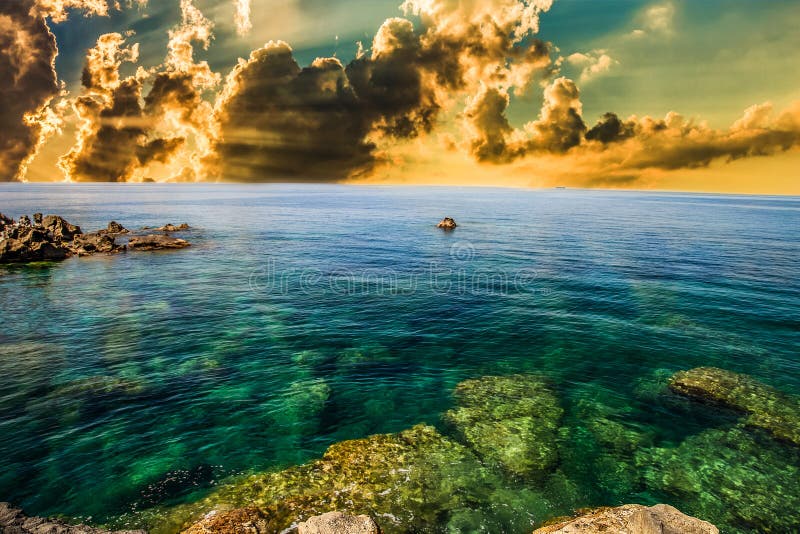 Sunset on Italian sea stock photo. Image of rocky, ischia - 123177144