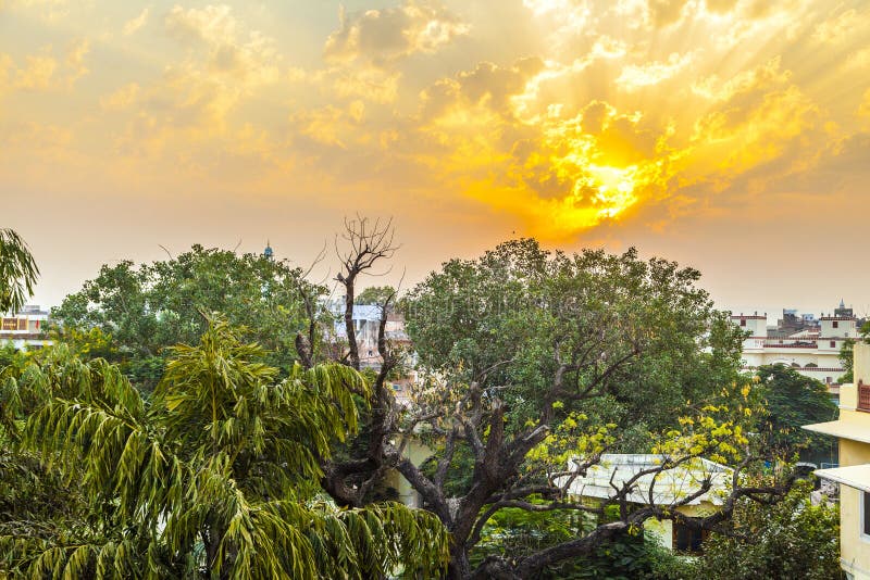 Sunset in Jaipur from the Roof Stock Image - Image of bright, tree ...
