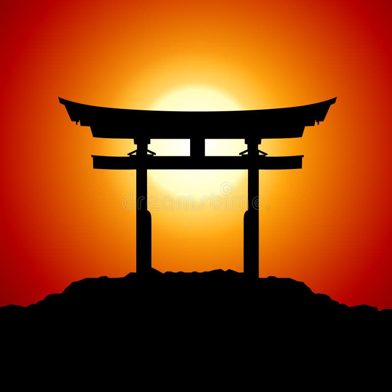Sunset with japan gate stock illustration. Illustration of mountains ...