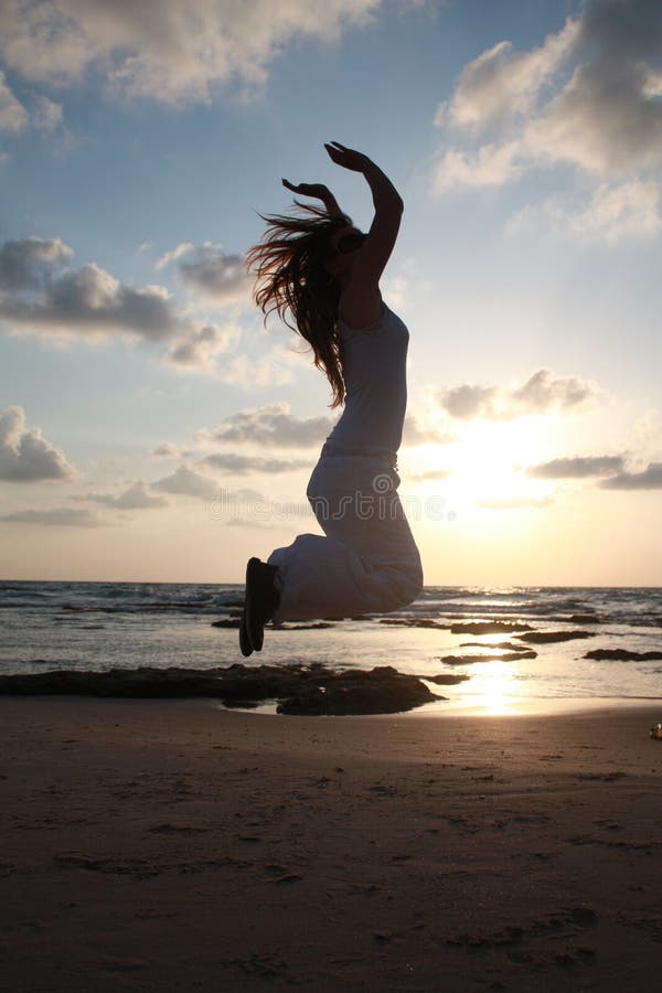 Happy Beautiful Woman Running at Beach Sunset Stock Image - Image of ...