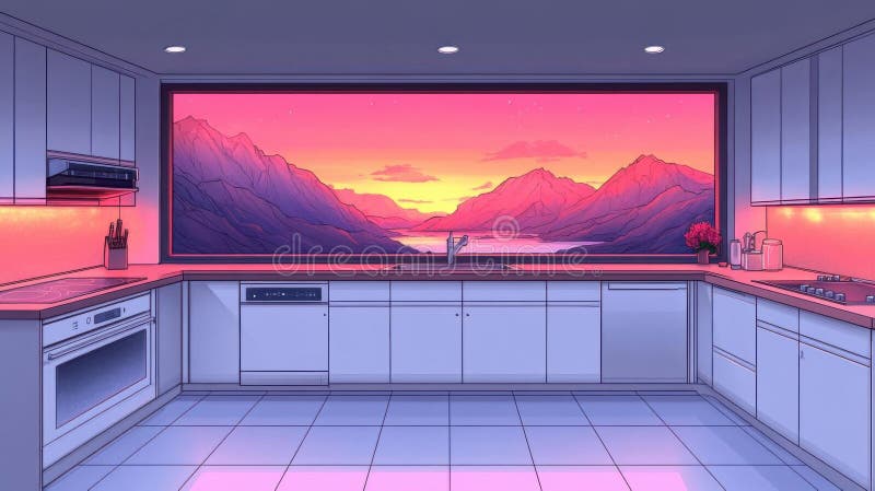 Sunset Kitchen, Mountain View Stock Photo - Image of home, space: 366426216