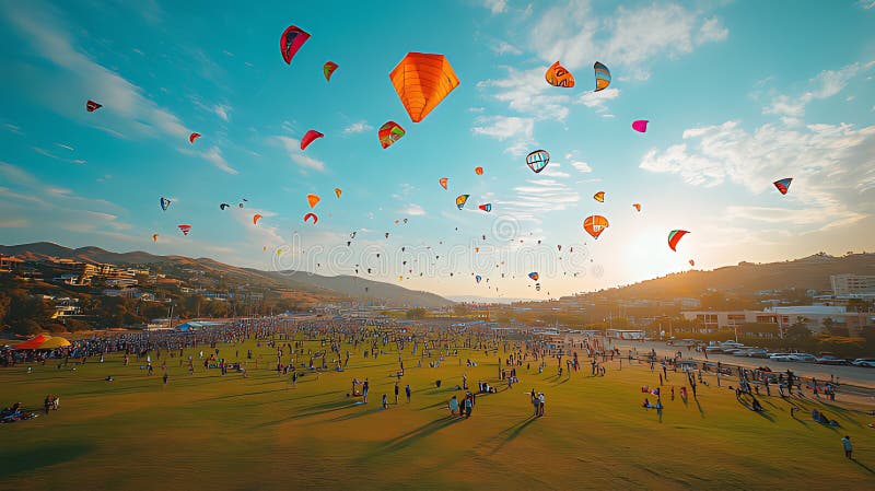 Sunset Kite Festival Hillside Crowd Soaring Kites Stock Illustration ...
