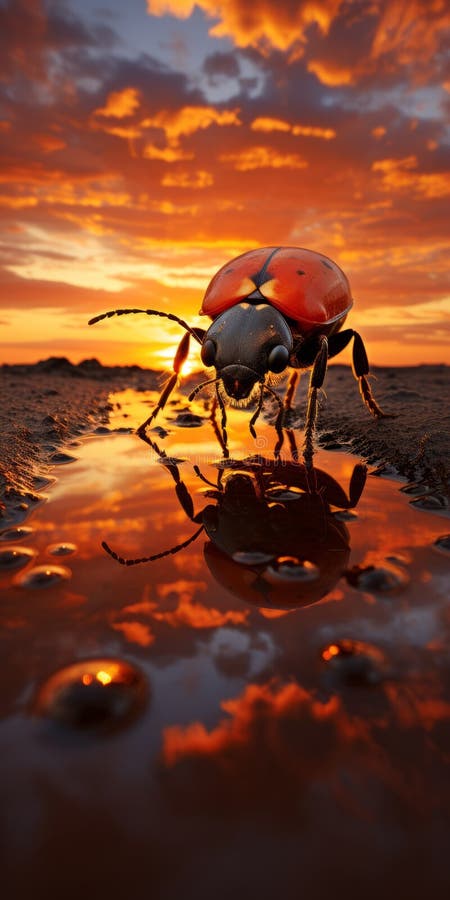 Sunset Ladybug: Photorealistic Artwork with Dramatic Perspective Stock ...