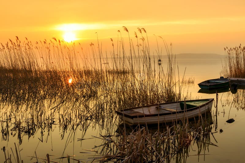 Sunset on the Lake Balaton with a Boat Stock Photo - Image of europe ...