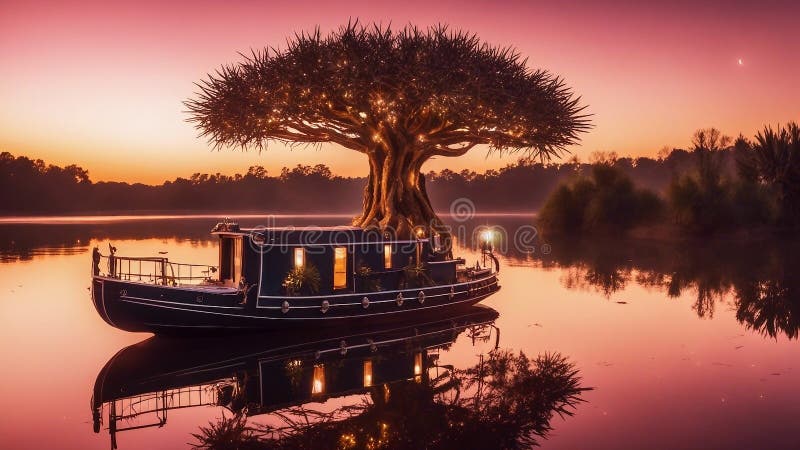Sunset on the Lake a Fantasy Canal Boat with a Tree in a Lake of Star ...