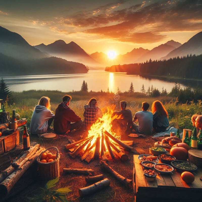 Sunset by a Lake with Friends Around a Campfire, Mountains in the ...