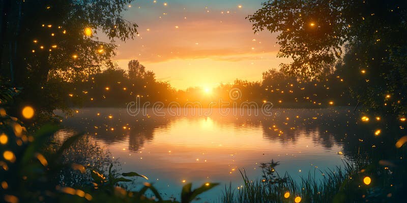 Sunset Lake Landscape Fireflies Nature Background Stock Illustration ...