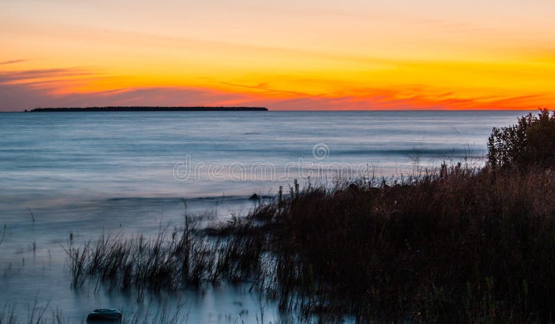 Sunset on Lake Michigan, Upper Peninsula, Michigan in Summer Stock ...
