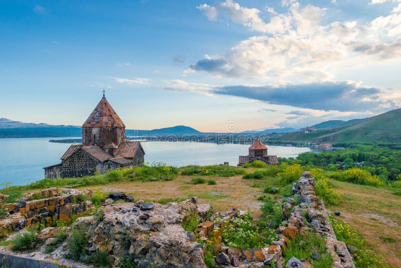 Sunset on Lake Sevan, View of the Sevanavank Monastery, Armenia’s Famous Stock Image - Image of ...