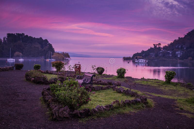 Sunset in the lake stock image. Image of pucon, sunset - 105015303