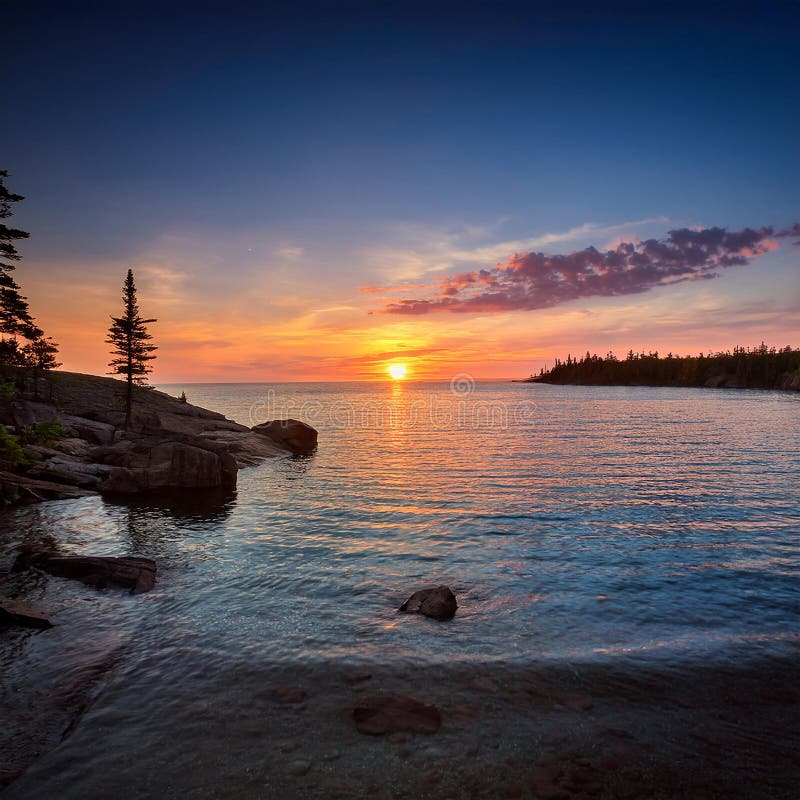 Sunset in Lake Superior at Twilight Stock Illustration - Illustration ...
