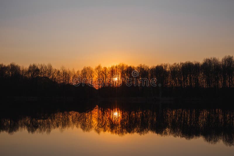 Sunset on the Lake. There is a Forest in the Distance Stock Image ...
